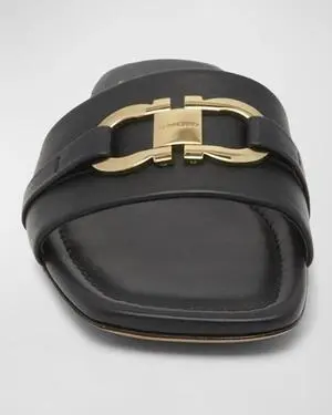 FERRAGAMO Leah Gancini Bit Leather Slide Sandals - Black