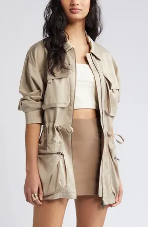 OPEN EDIT Satin Utility Jacket - Tan Oxford