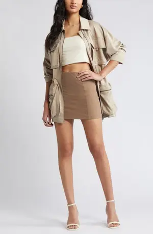 OPEN EDIT Satin Utility Jacket - Tan Oxford