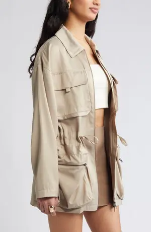 OPEN EDIT Satin Utility Jacket - Tan Oxford