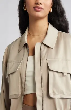 OPEN EDIT Satin Utility Jacket - Tan Oxford