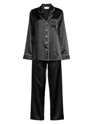 Ginia Fine Finishes Silk 2-piece Pajama Set Black Creme Piping