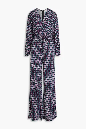 Diane Von Furstenberg Printed Lyocell And Wool-blend Jersey Wide-leg Jumpsuit - Black