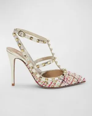 Valentino Garavani Rockstud T-strap Tweed Pumps - Mlti White Platin