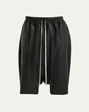 Rick Owens Men's Peached Leather Drawstring Pod Shorts - Black