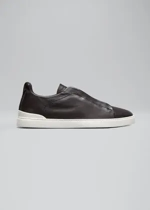 Zegna Men's Triple Stitch Leather Low-Top Sneakers - Dark Brown