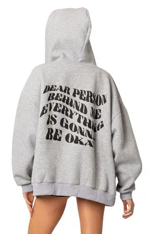 EDIKTED Oversized Graphic Zip Hoodie - Gray Melange