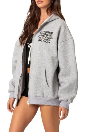 EDIKTED Oversized Graphic Zip Hoodie - Gray Melange