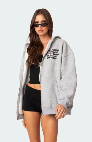 EDIKTED Oversized Graphic Zip Hoodie - Gray Melange