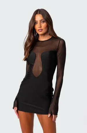 EDIKTED Saanvi Long Sleeve Mesh Panel Minidress