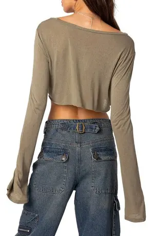 EDIKTED Sheer Crop Top - Olive