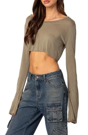 EDIKTED Sheer Crop Top - Olive