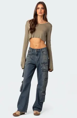 EDIKTED Sheer Crop Top - Olive