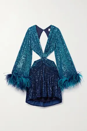 PatBO Alessandra Ambrosio Feather-trimmed Sequined Tulle Mini Dress - Blue