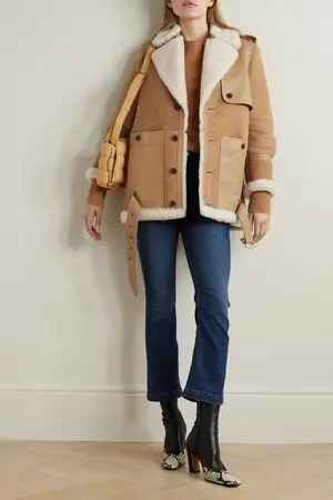 FRAME Belted Leather-trimmed Shearling Jacket