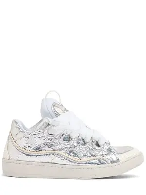 LANVIN Curb Metallic Leather & Mesh Sneakers Silver