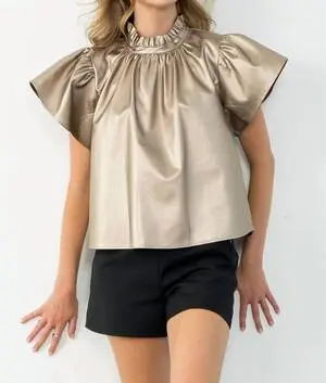 Thml Madison Flutter Sleeve Leather Top In - Gold