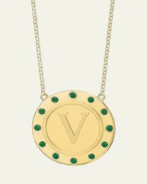 TRACEE NICHOLS Tracee Nichols 14K Yellow Gold Initial Token Necklace With Emeralds V