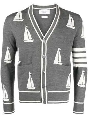 Thom Browne Sailboat Intarsia Merino Wool Cardigan