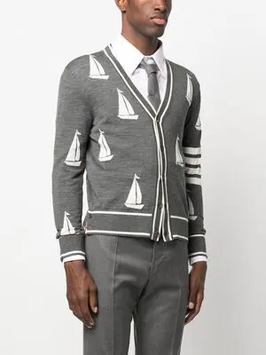 Thom Browne Sailboat Intarsia Merino Wool Cardigan