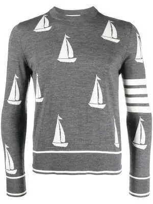 Thom Browne Sail Boat Motif Merino Wool Sweater