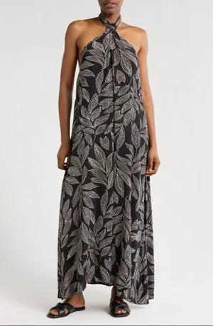 Elan Halter Neck Cover-up Maxi Dress - Black Catagena Print
