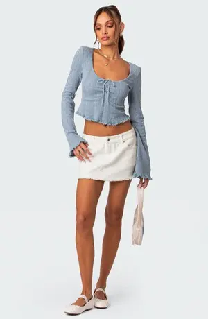 EDIKTED Lacey Ruched Bell Sleeve Crop Top - Blue