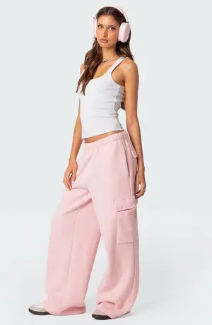 EDIKTED Wide Leg Cargo Sweatpants - Pink