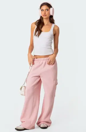 EDIKTED Wide Leg Cargo Sweatpants - Pink