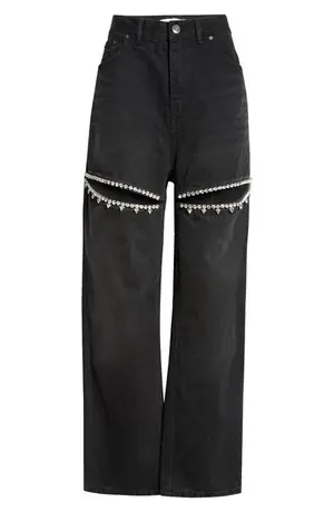 AREA Crystal Slit Straight Leg Jeans - Black