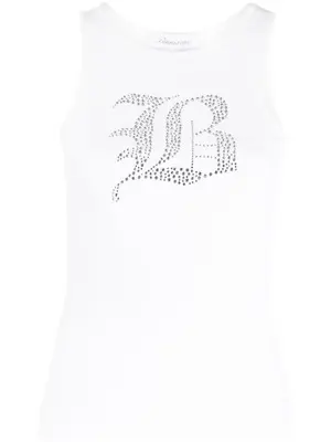 Blumarine Rhinestone-logo Ribbed Tank Top - White