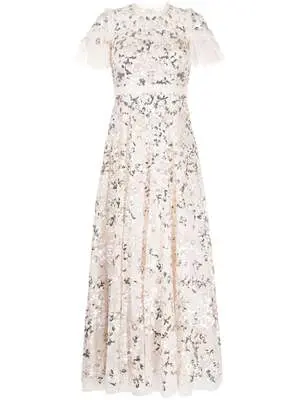 NEEDLE & THREAD Floral-embroidered Short-sleeve Gown