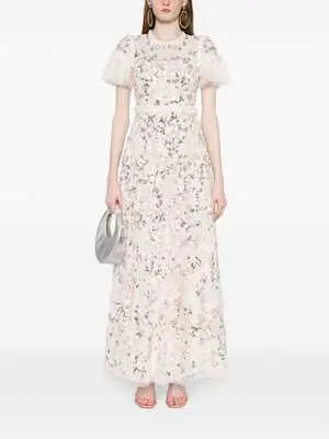NEEDLE & THREAD Floral-embroidered Short-sleeve Gown
