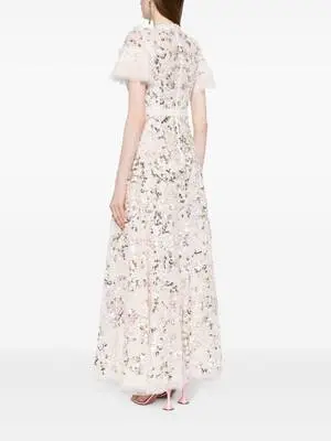 NEEDLE & THREAD Floral-embroidered Short-sleeve Gown