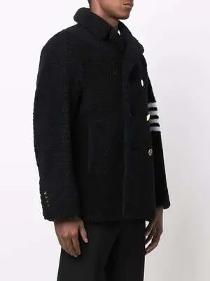 Thom Browne 4-bar Stripe Shearling Pea Coat - Blue