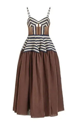 Rosie Assoulin Golden Afternoon Striped Linen Midi Dress - Brown