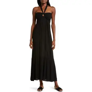 Elan Tiered Halter Maxi Cover-up Dress - Black