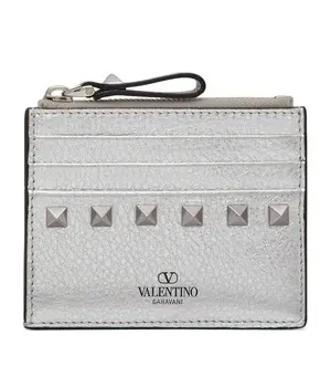 Valentino Garavani Leather Rockstud Coin And Card Holder Metallic