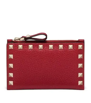 Valentino Garavani Leather Rockstud Coin And Card Holder Red