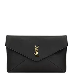 Saint Laurent Leather Cassandre Envelope Pouch - Black