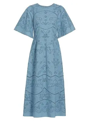 Marchesa Women's Marchesa Rosa Dhalia Embroidered Cotton Midi-Dress - Blue  - Blue