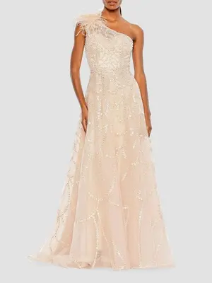 Mac Duggal Sequin & Feather-embellished Gown - Peach
