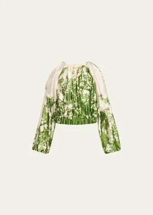 Silvia Tcherassi Elke Printed Keyhole Silk Blouse - Green Cyprus
