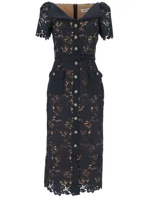 SELF-PORTRAIT 'navy Lace Open Neck Midi' Dress - Black