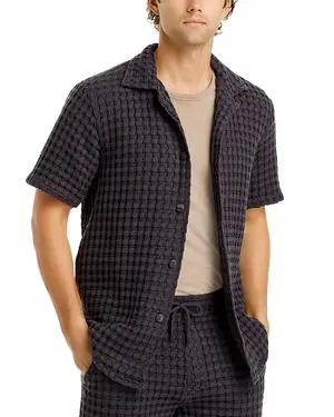 Oas Cuba Cotton Waffle Regular Fit Button Down Camp Shirt Near Black