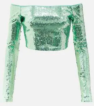 David Koma Sequined Off-shoulder Crop Top - Green