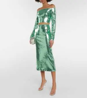 David Koma Sequined Off-shoulder Crop Top