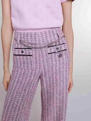 Maje Wide-leg Tweed Trousers With Chain Detail