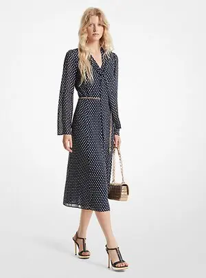Michael Kors Polka Dot Georgette Midi Dress With Tie Neck