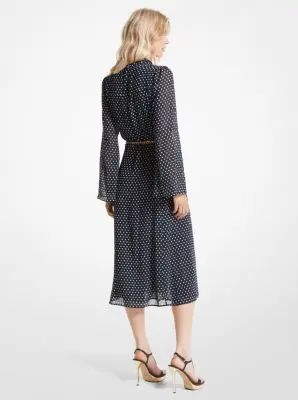 Michael Kors Polka Dot Georgette Midi Dress With Tie Neck